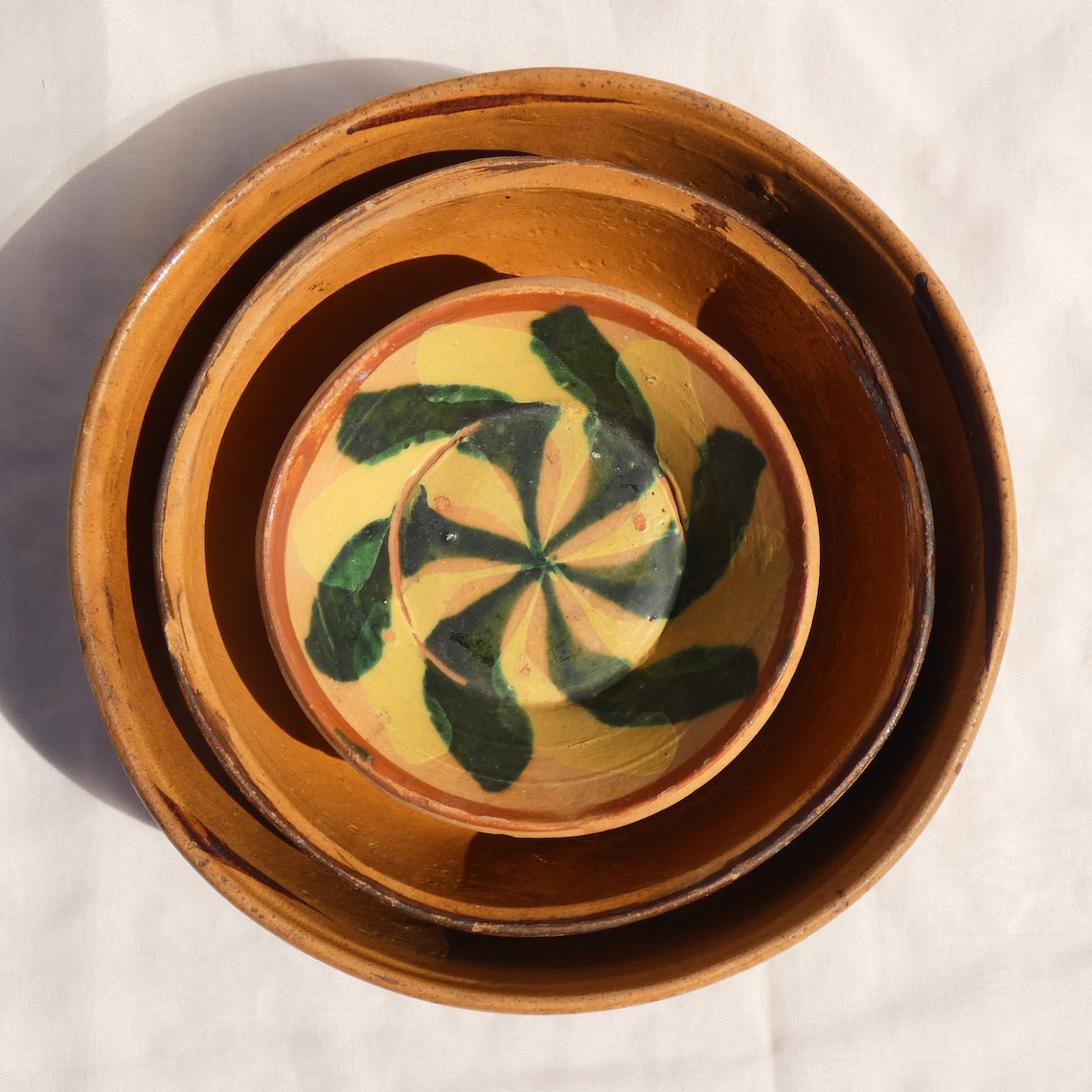 Set of 5 Mexican Folk Ceramic Serving Bowls Terracotta Green Glaze ...