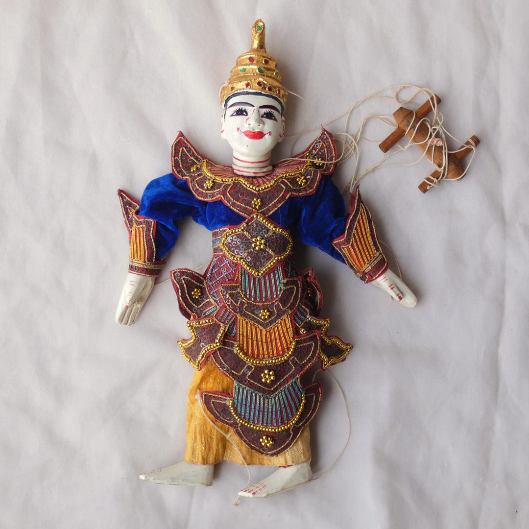 Burmese Carved Wood and Fabric String Yoke Thé Marionette Good ...