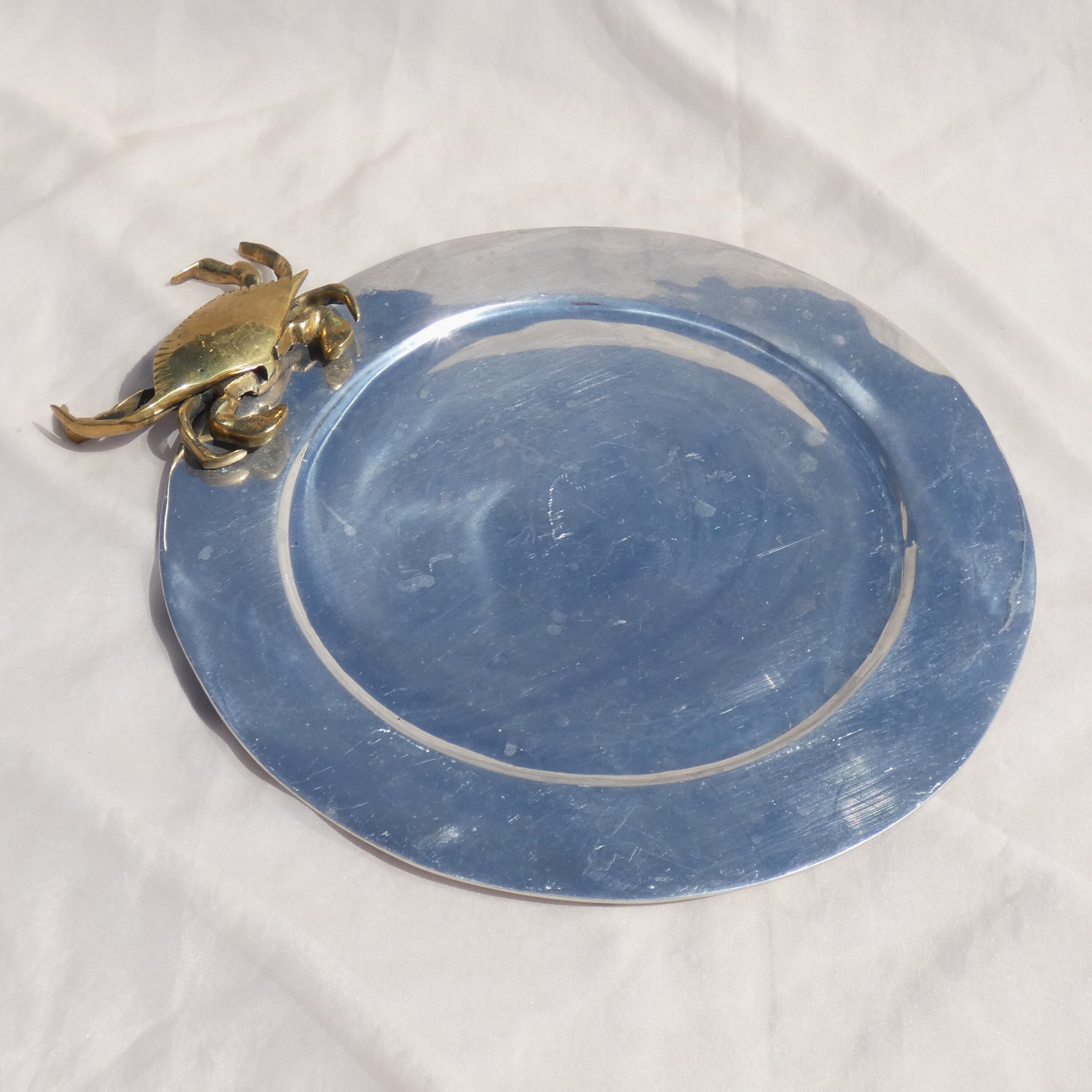 Brass Crab Serving Plate Vintage Silver Metal Round Aluminum Mexico ...