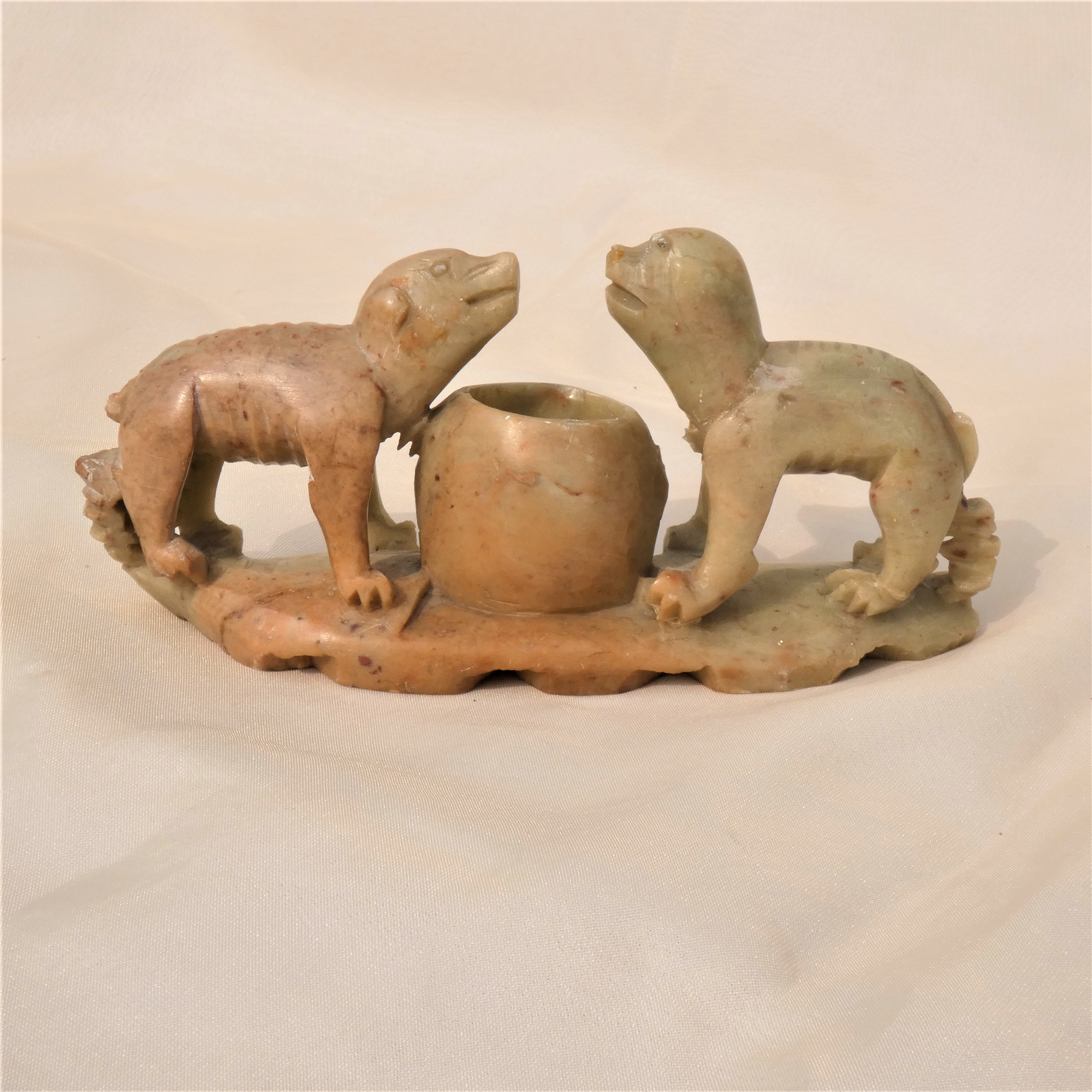 Carved Soapstone Chinese Inkpot Brush Holder With Dog Creatures Vintage ...