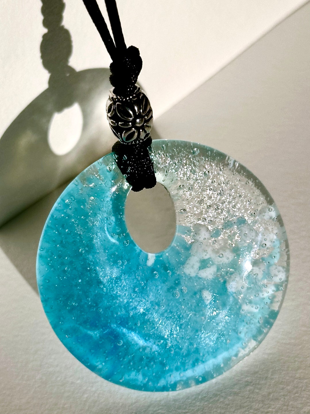 Sea Blue, Cast Glass, Round Pendant on a Satin Knotted Cord - Etsy