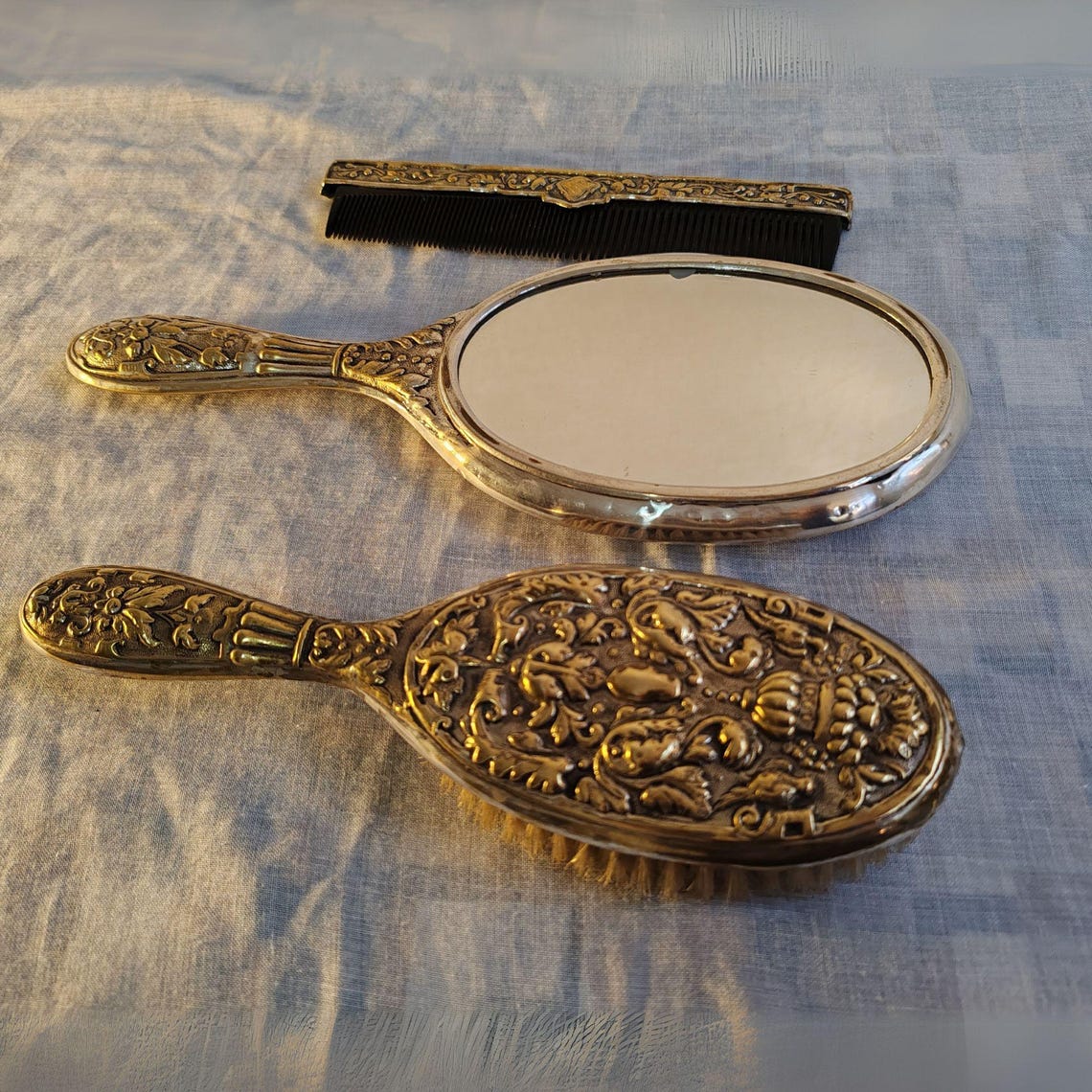 Antique Copper Art Deco Hand Mirror & Brush Set - 1920s Vintage Vanity ...