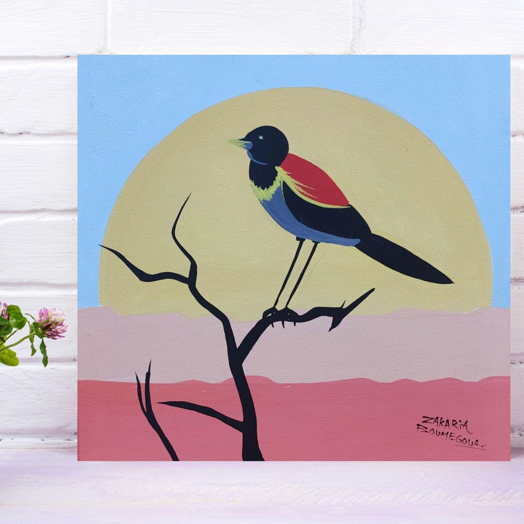 Stylized Naive Art Painting of Colorful Bird Perched Against a Vibrant ...