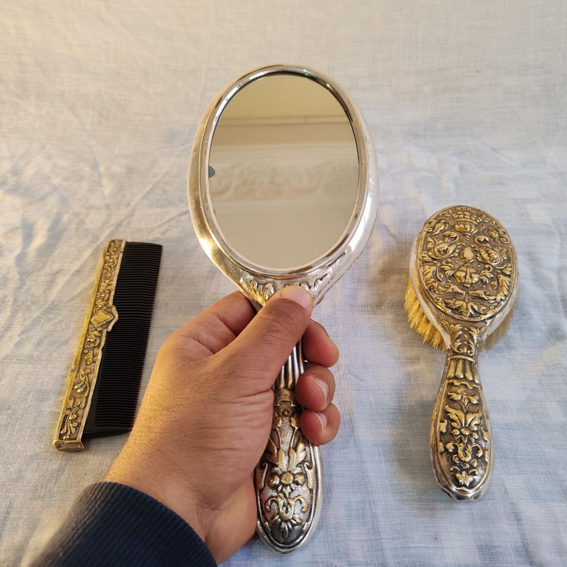 Antique Copper Art Deco Hand Mirror & Brush Set - 1920s Vintage Vanity ...