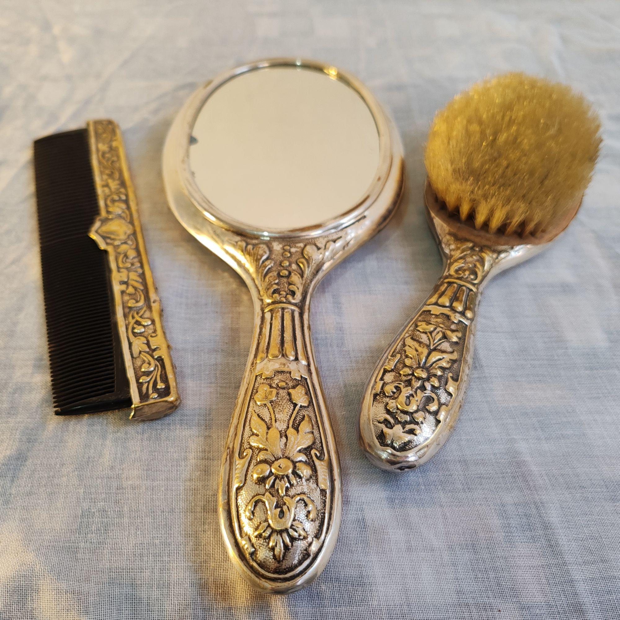 Antique Copper Art Deco Hand Mirror & Brush Set - 1920s Vintage Vanity ...