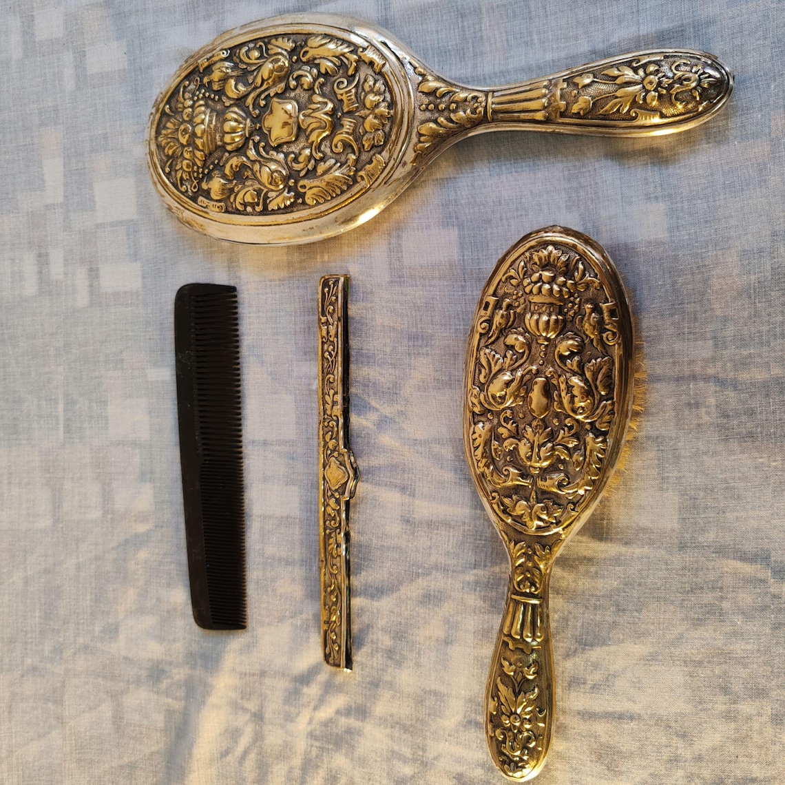 Antique Copper Art Deco Hand Mirror & Brush Set - 1920s Vintage Vanity ...