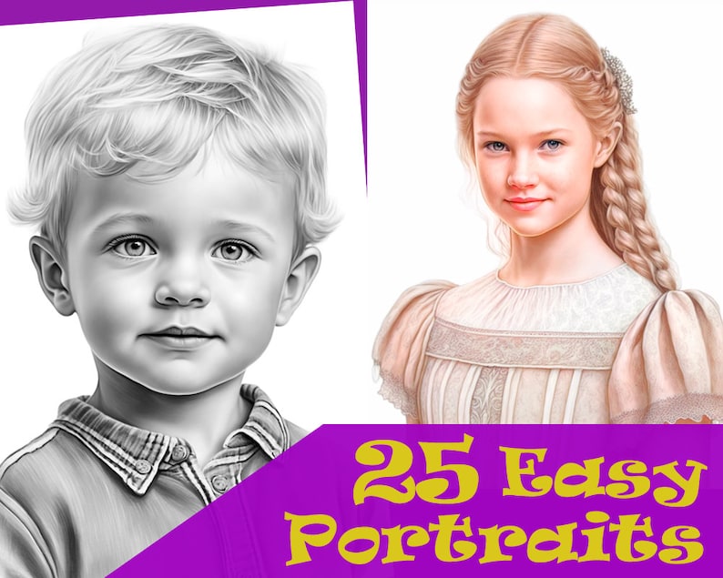 25 Easy Portraits: Grayscale Coloring Book for Adults and Children ...