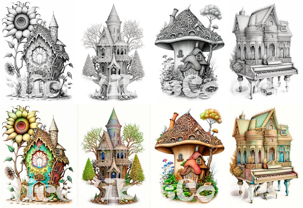 25 Wonderland Tiny Homes: Grayscale Coloring Book for Adults ...