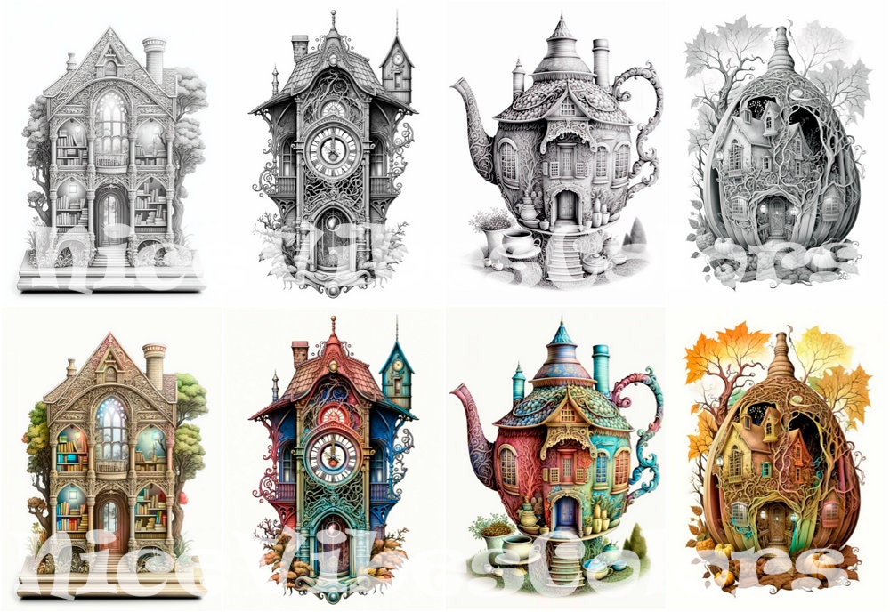 25 Wonderland Tiny Homes: Grayscale Coloring Book for Adults ...