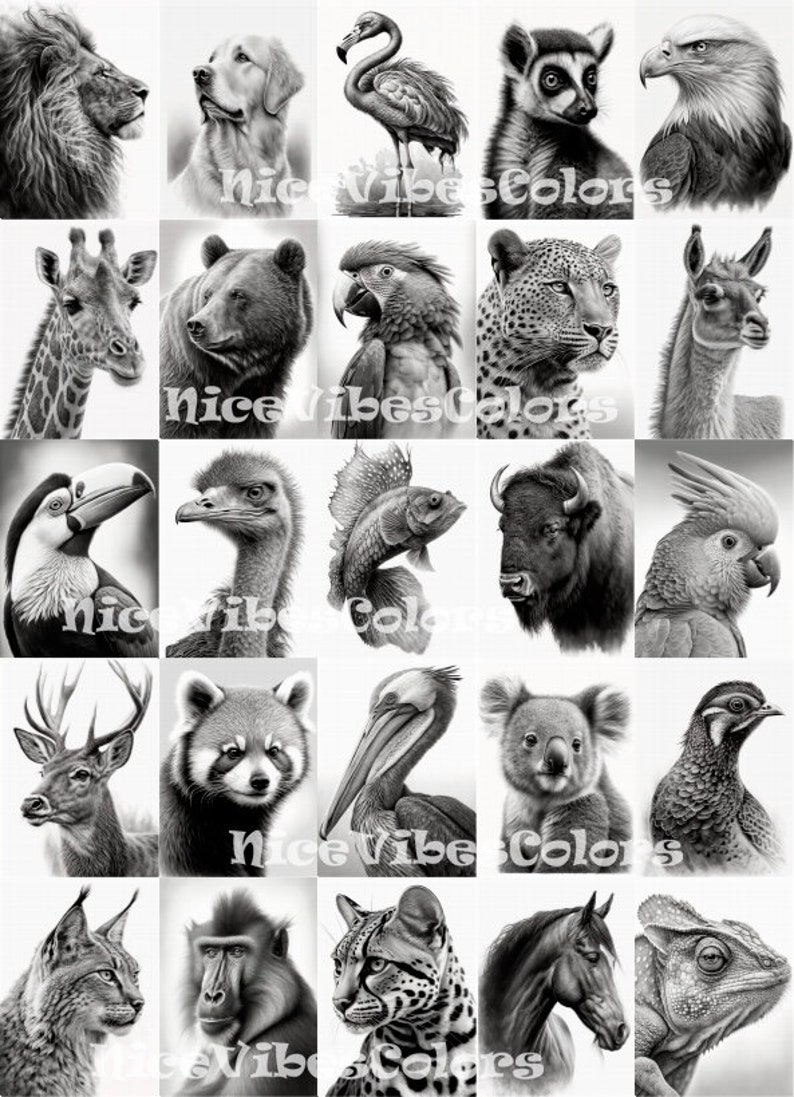 Realistic Animals: Grayscale Coloring Book for Adults and Children ...