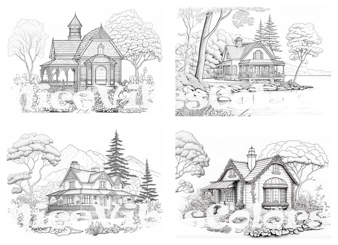 20 Cozy Cottages: Grayscale Coloring Book for Adults Printable PDF ...