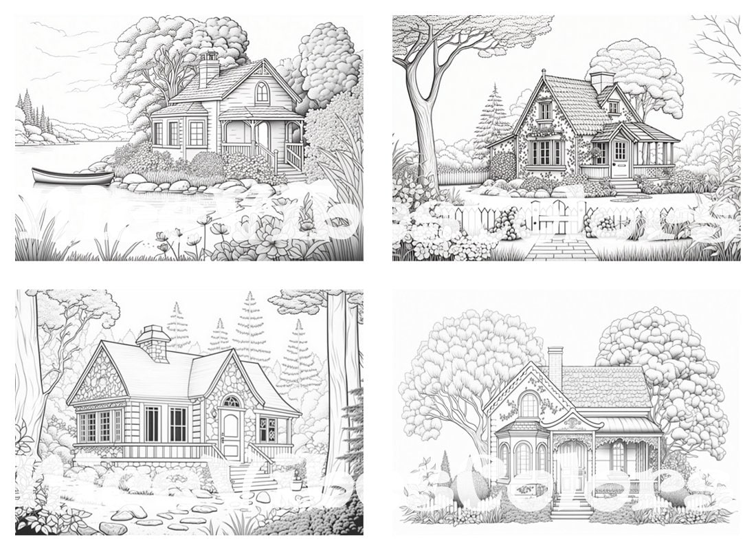 20 Cozy Cottages: Grayscale Coloring Book for Adults - Printable PDF ...