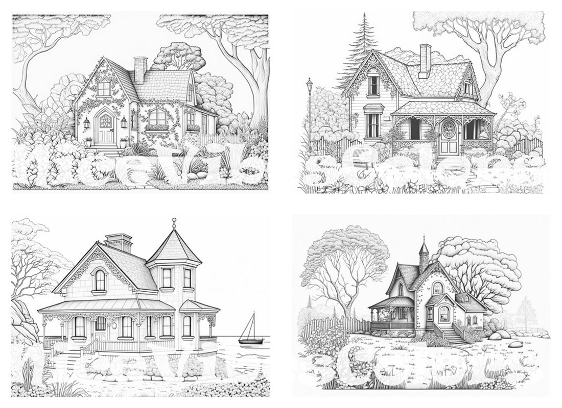 20 Cozy Cottages: Grayscale Coloring Book for Adults Printable PDF ...