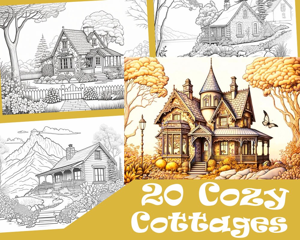 20 Cozy Cottages: Grayscale Coloring Book for Adults Printable PDF ...