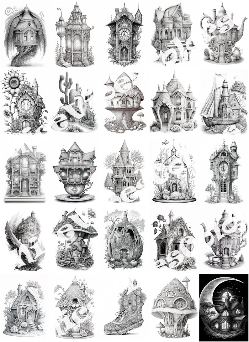 25 Wonderland Tiny Homes: Grayscale Coloring Book for Adults ...