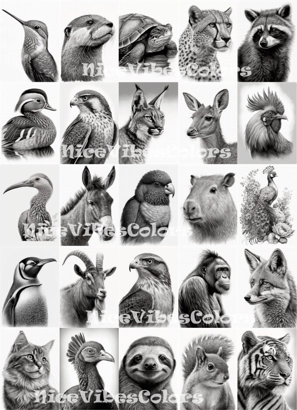 Realistic Animals: Grayscale Coloring Book for Adults and Children ...