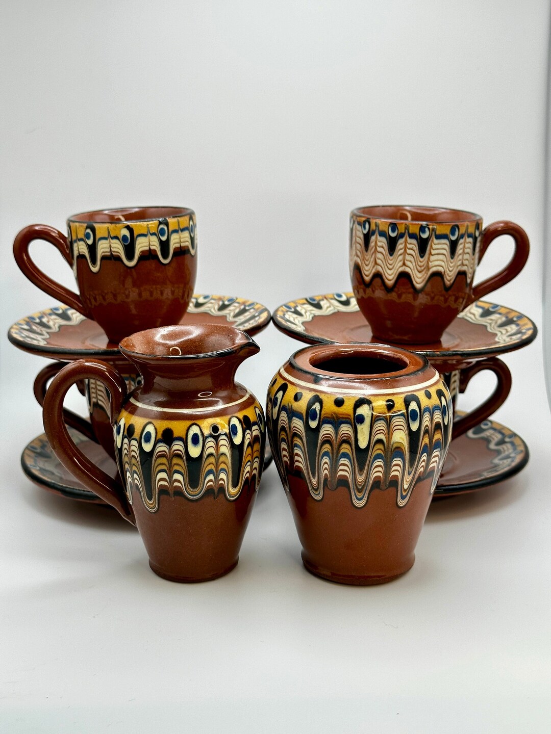 Vintage Bulgarian TROYAN Peacock Eye Redware Espresso Set 10 Piece ...