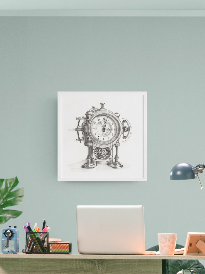 Digital Print of Mechanical Clock Pencil Drawing - Vintage Timepiece ...