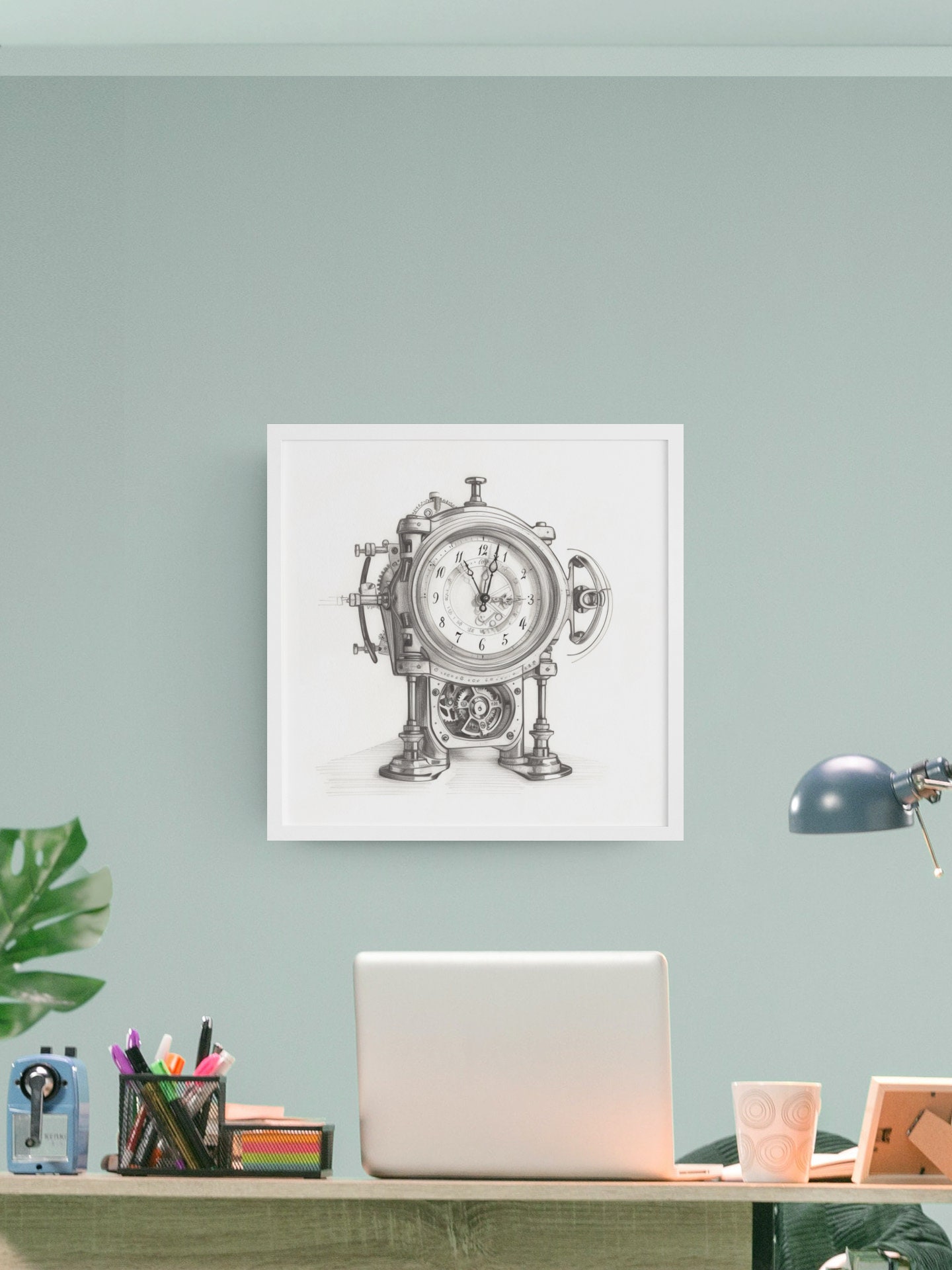 Digital Print of Mechanical Clock Pencil Drawing - Vintage Timepiece ...
