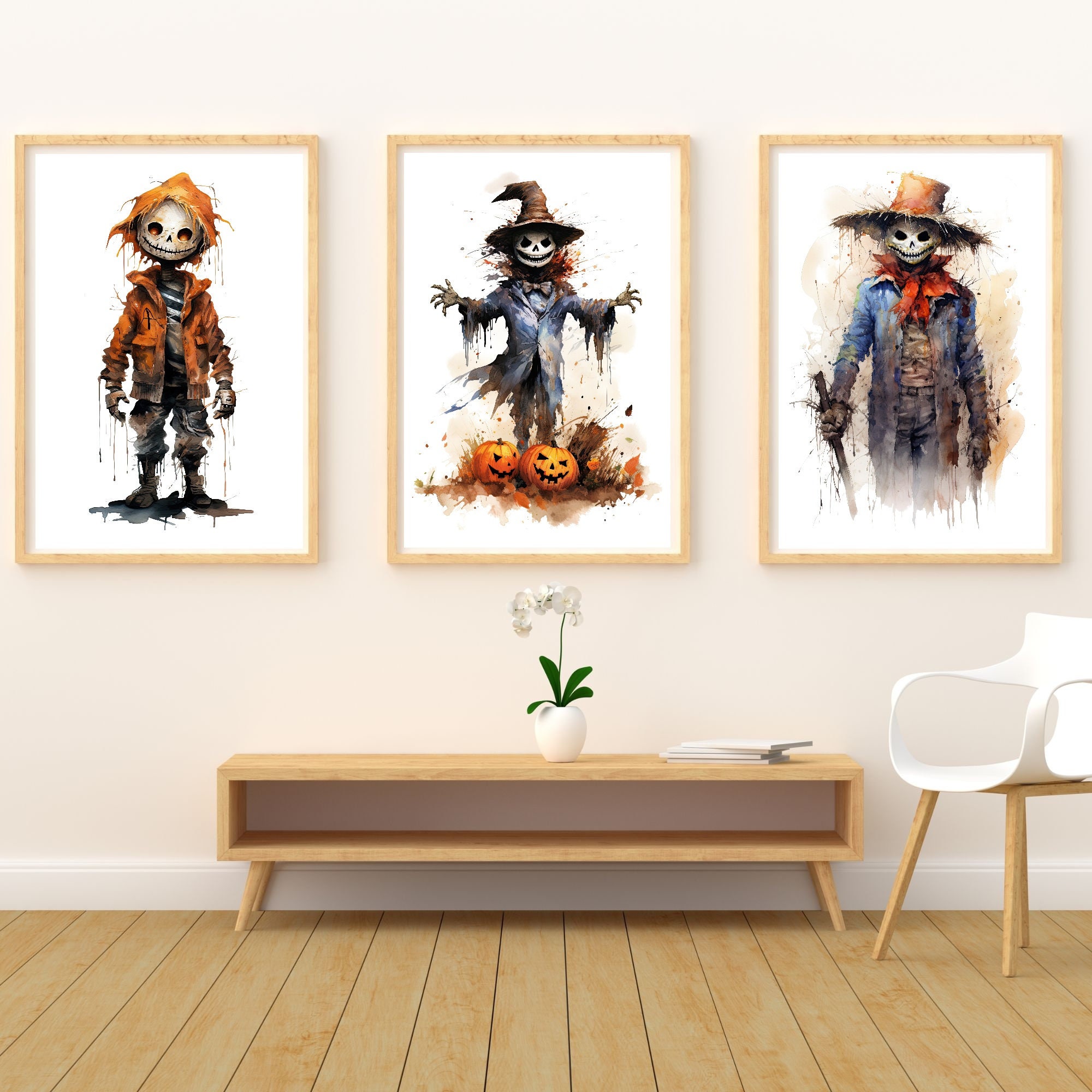 Set of 3 Scarecrows Watercolor PRINTABLE ART Vibrant Colors - Etsy
