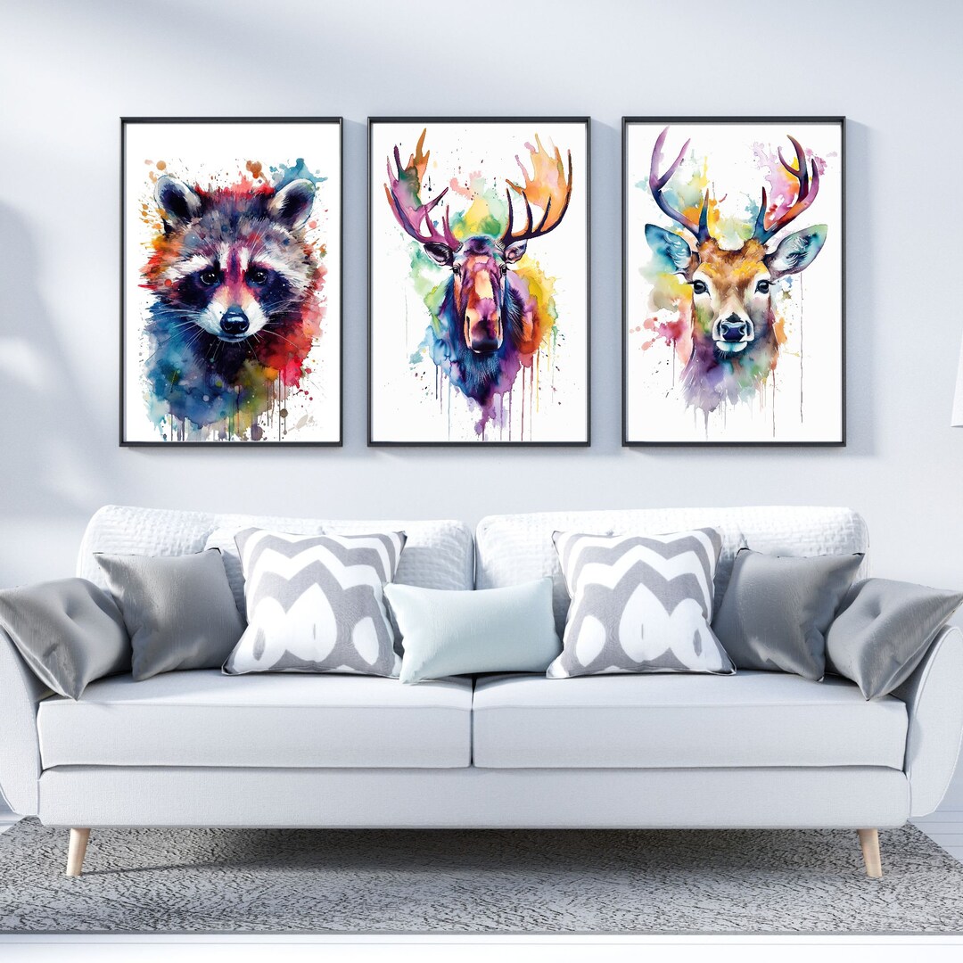 Woodland Animal Bundle PRINTABLE ART, Vibrant Moose, Raccoon, Deer - Etsy