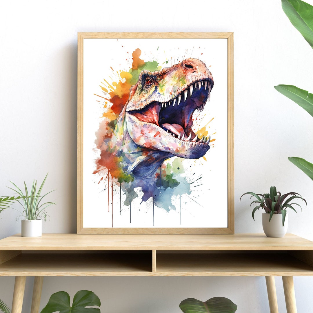 T-rex Watercolor Art, Vibrant Dinosaur Print, Modern Prehistoric Wall ...