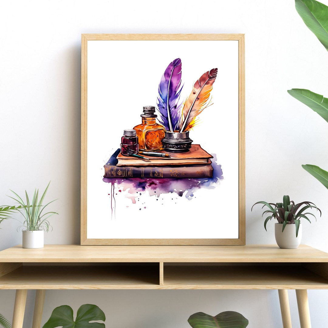 Inkwell and Quill Watercolor PRINTABLE ART Vibrant Colors Calligraphy ...