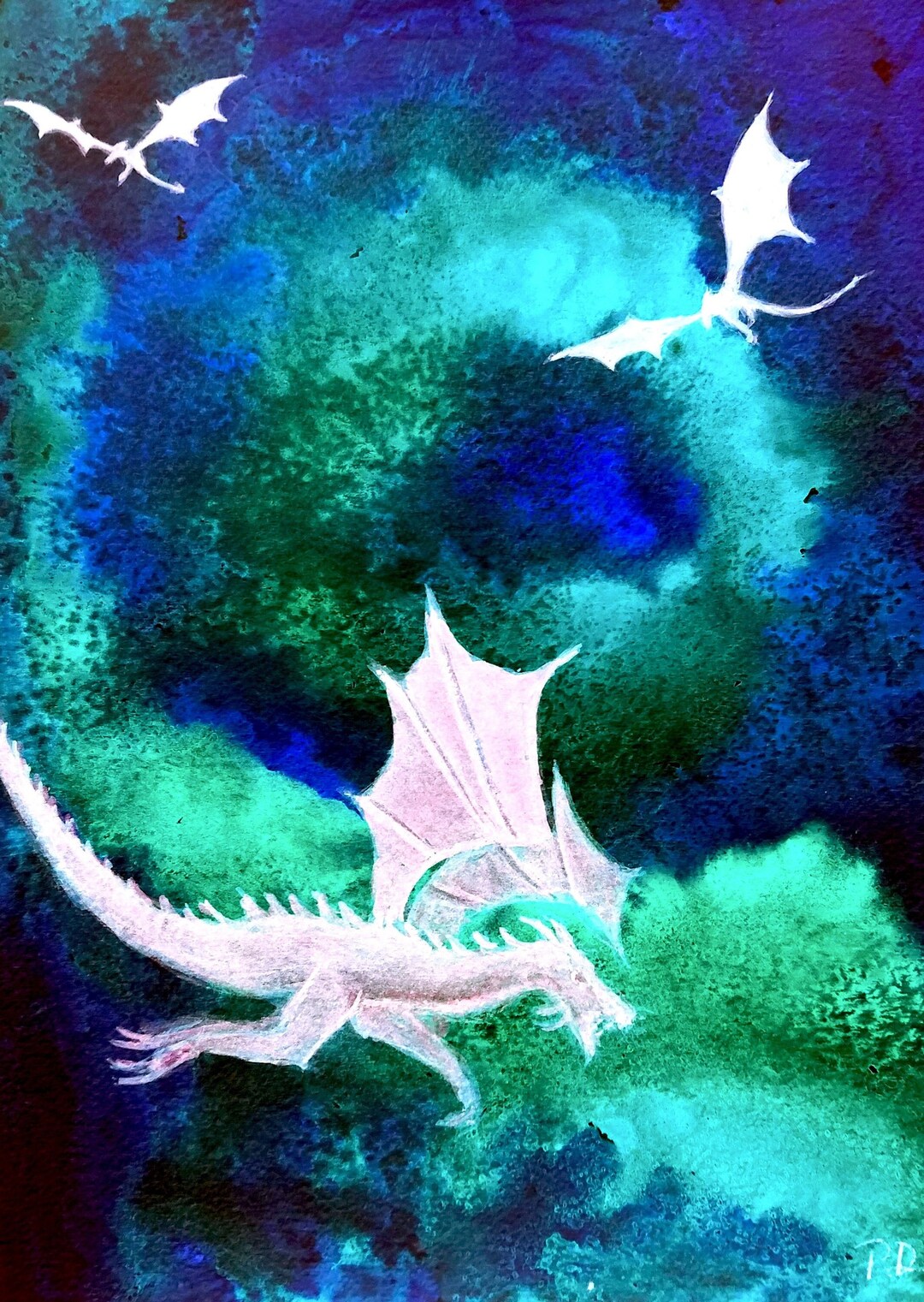 White Dragons Wall Art. Poster Prints of Inverted Watercolor Painting ...