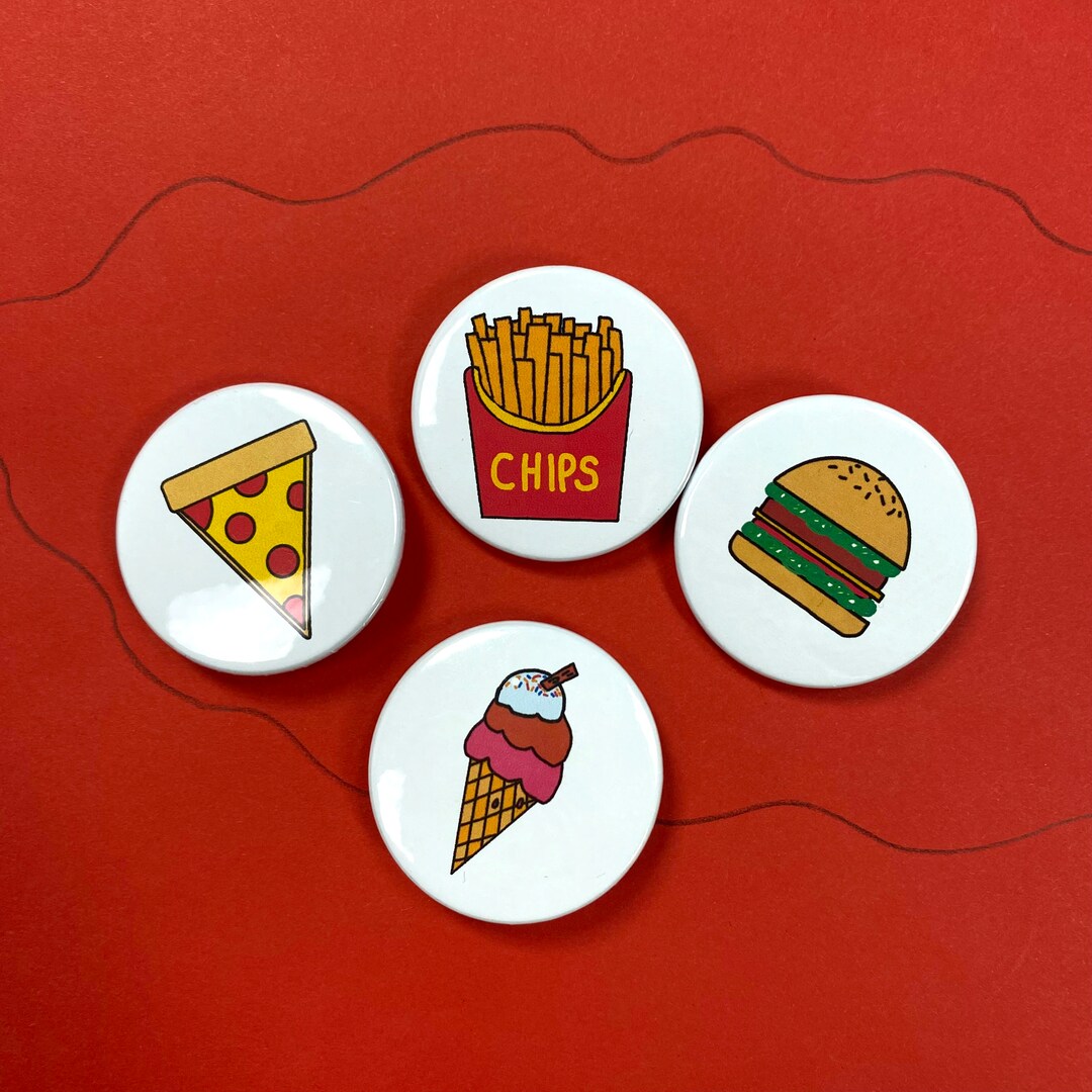 I'm Hungry Quirky Food Pin Badges. Chips, Burger, Pizza, Ice-cream ...