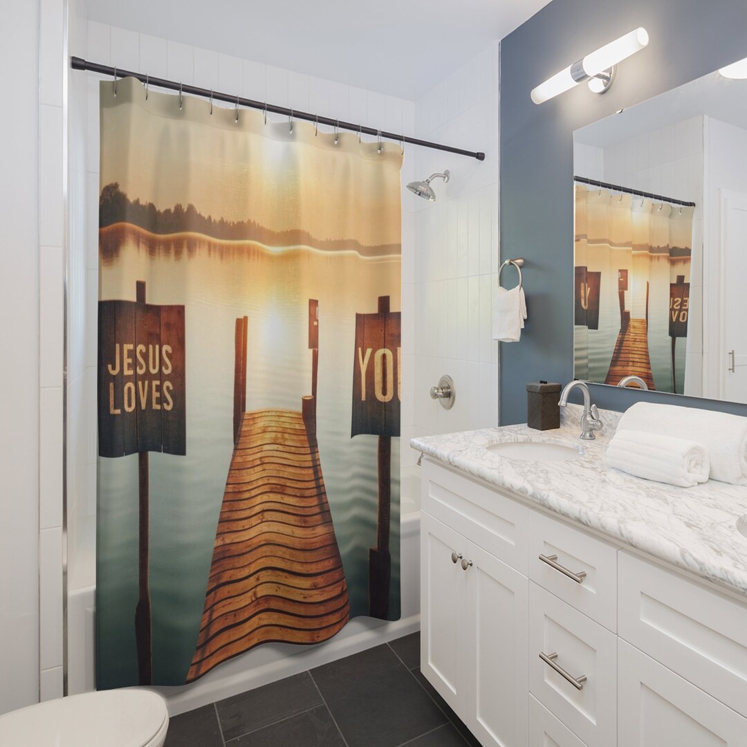 Jesus Loves You Lakeside Sunset Shower Curtain Immersive Faith ...