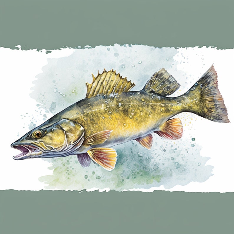Walleye- Watercolor Portrait of a Walleye Swimming in a Lake. Digital ...