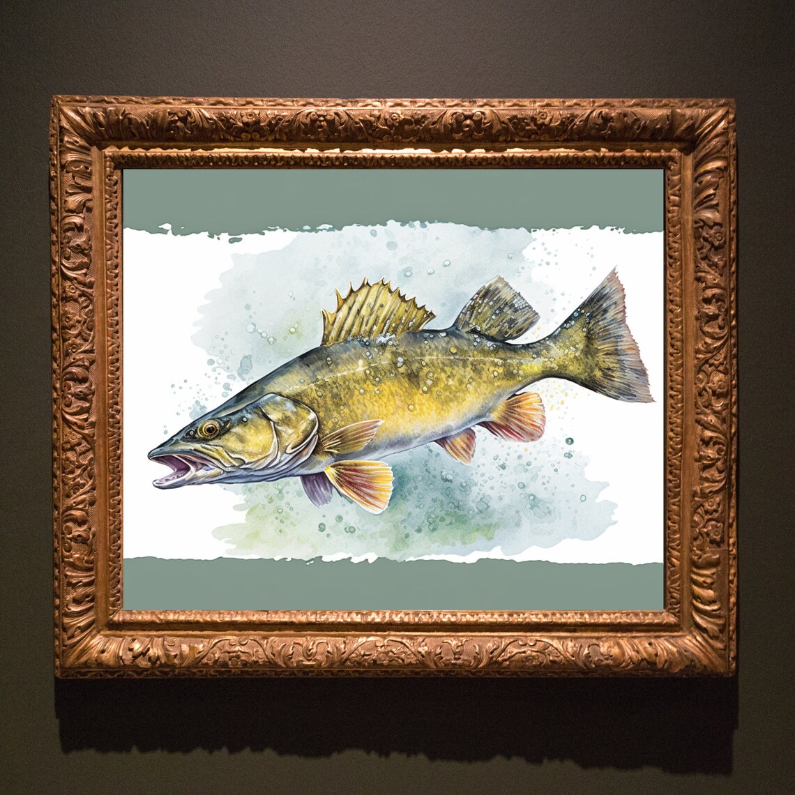 Walleye- Watercolor Portrait of a Walleye Swimming in a Lake. Digital ...