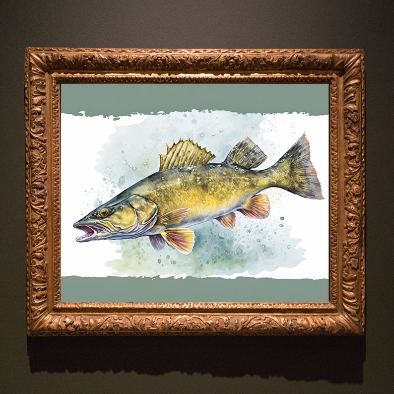 Walleye- Watercolor Portrait of a Walleye Swimming in a Lake. Digital ...