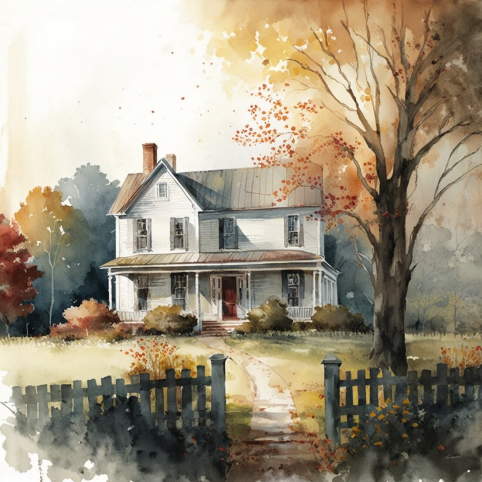 Farmhouse in Fall-watercolor Farmhouse Digital Download - Etsy