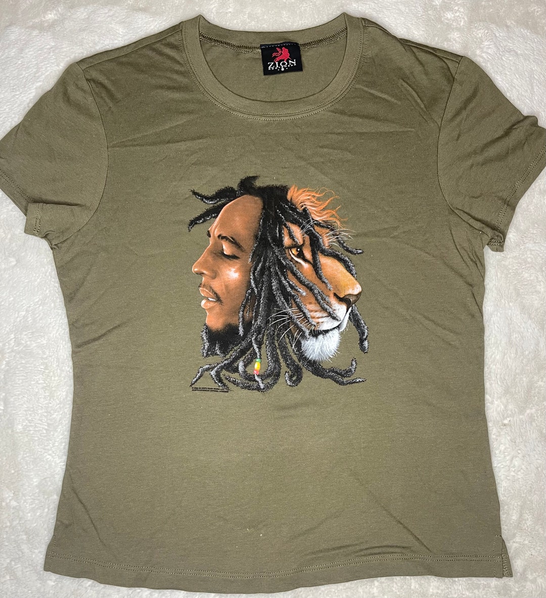 Zion Rootswear Bob Marley Lion Olive Green T-shirt. Girls (kids) Size ...