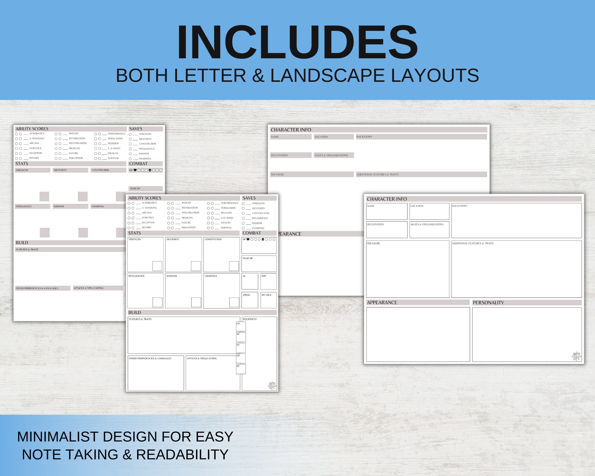 Minimalist - Character Info Player Sheets - Dnd 5E - Printable PDF - Etsy