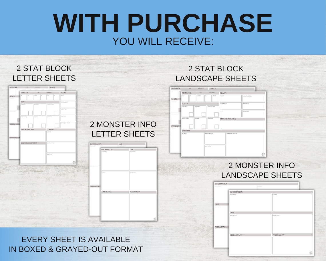 Minimalist - Monster Stat Block DM Sheets - Dnd 5E - Printable PDF - Etsy