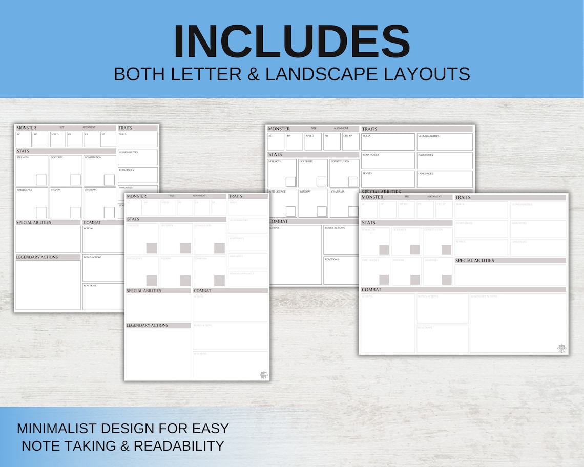 Minimalist - Monster Stat Block DM Sheets - Dnd 5E - Printable PDF - Etsy