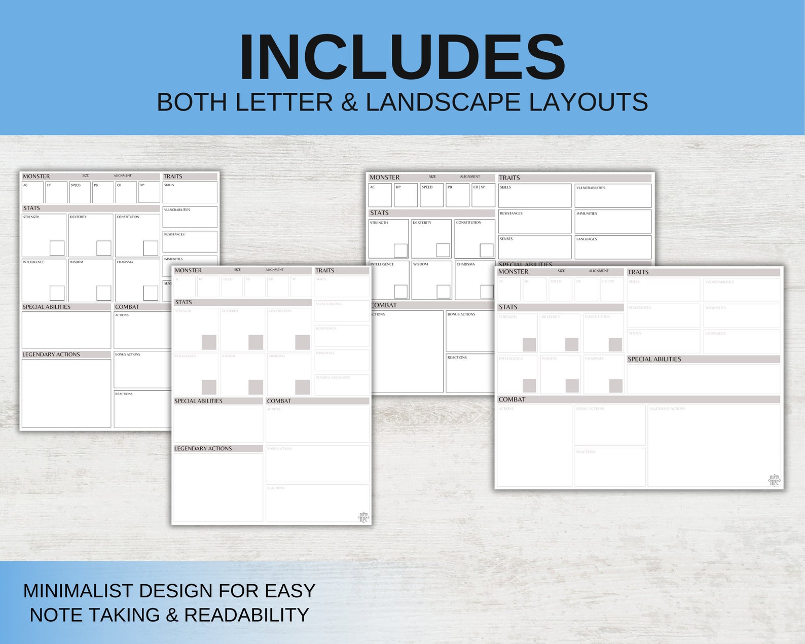 Minimalist - Monster Stat Block DM Sheets - Dnd 5E - Printable PDF - Etsy