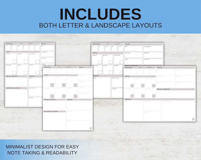 Minimalist - Monster Stat Block DM Sheets - Dnd 5E - Printable PDF - Etsy