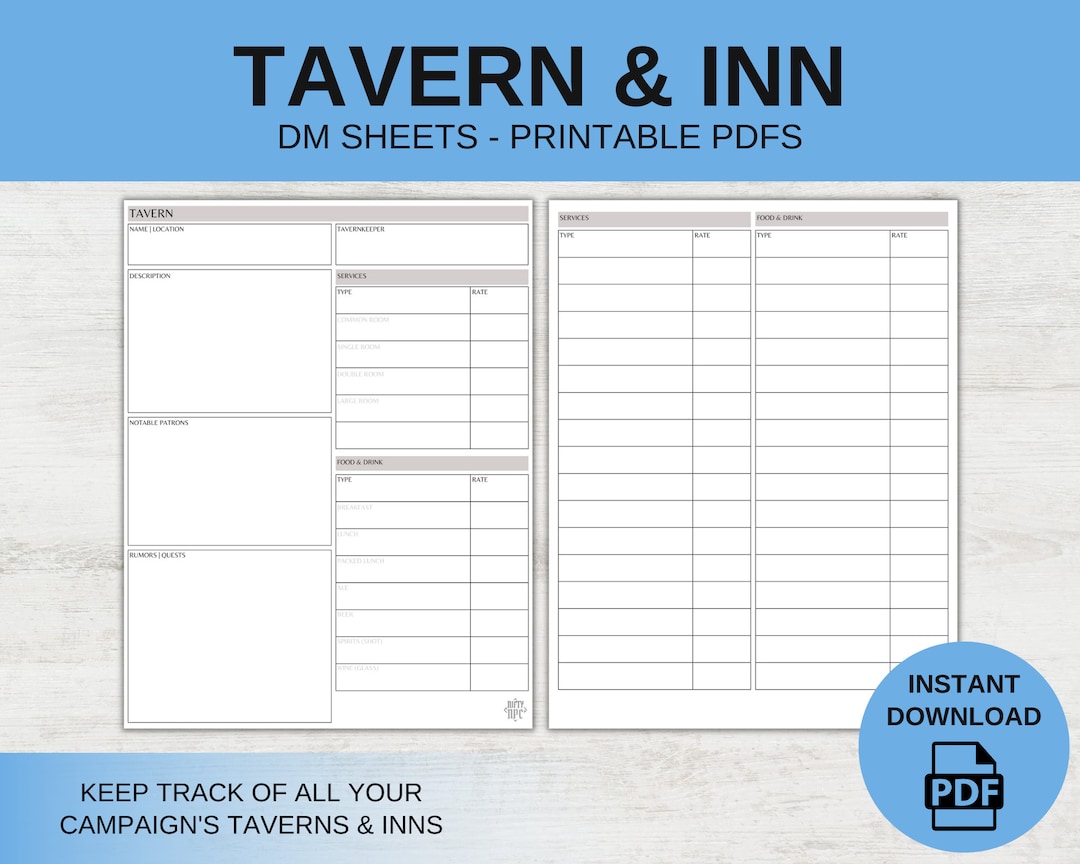 Minimalist - Tavern & Inn DM Sheets - Dnd 5E - Printable PDF - Etsy