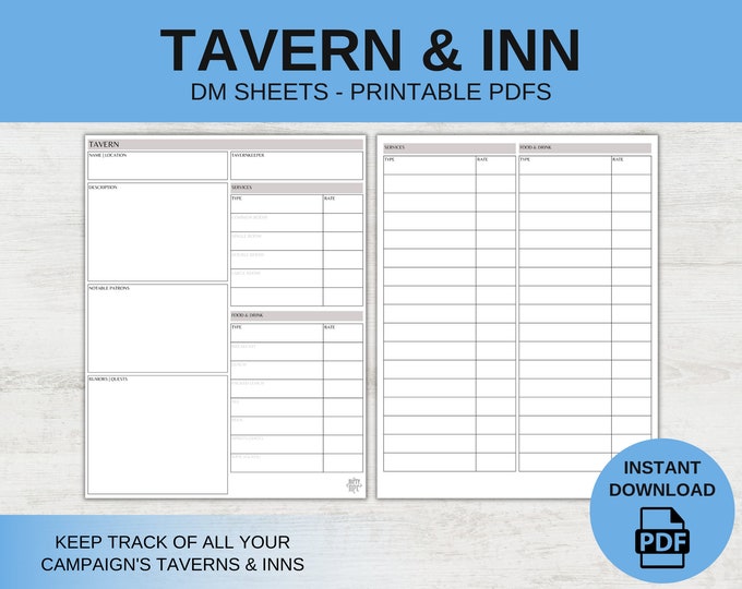 Minimalist - Tavern & Inn DM Sheets - Dnd 5E - Printable PDF - Etsy
