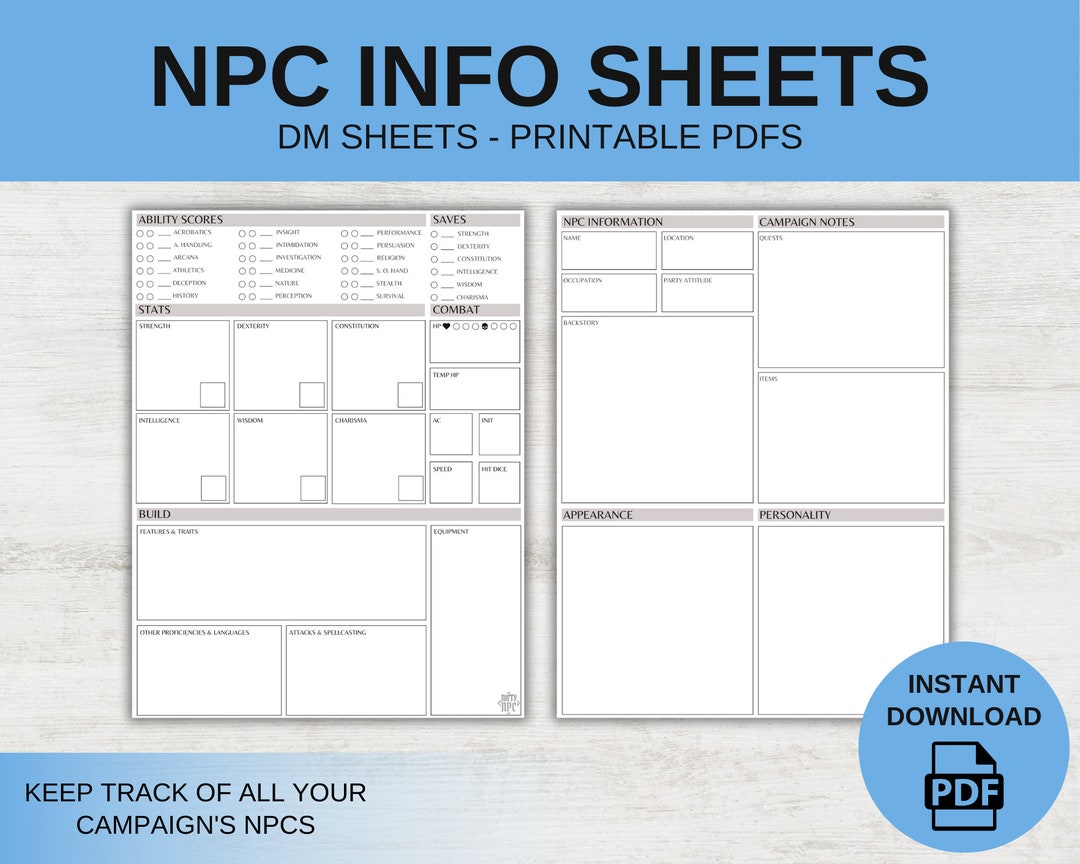 Minimalist - NPC Info DM Sheets - Dnd 5E - Printable PDF - Etsy
