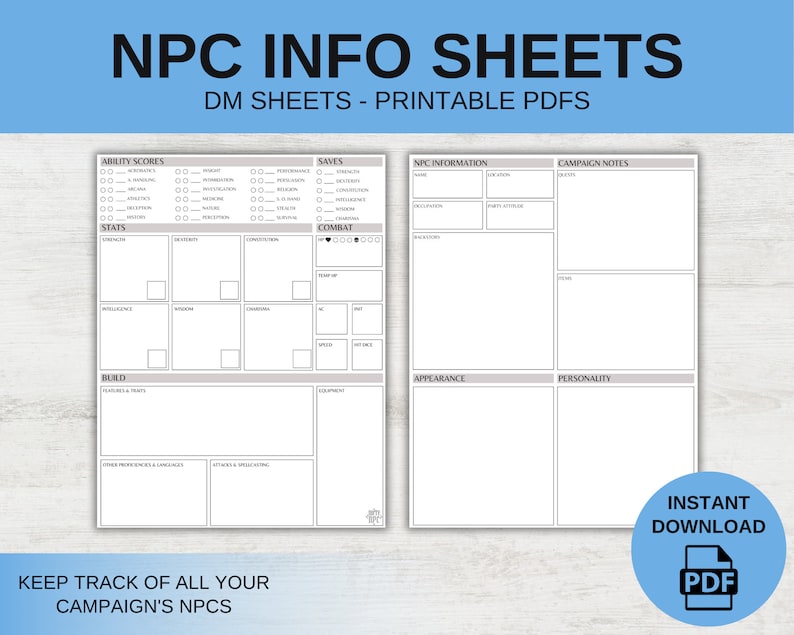 Minimalist - NPC Info DM Sheets - Dnd 5E - Printable PDF - Etsy