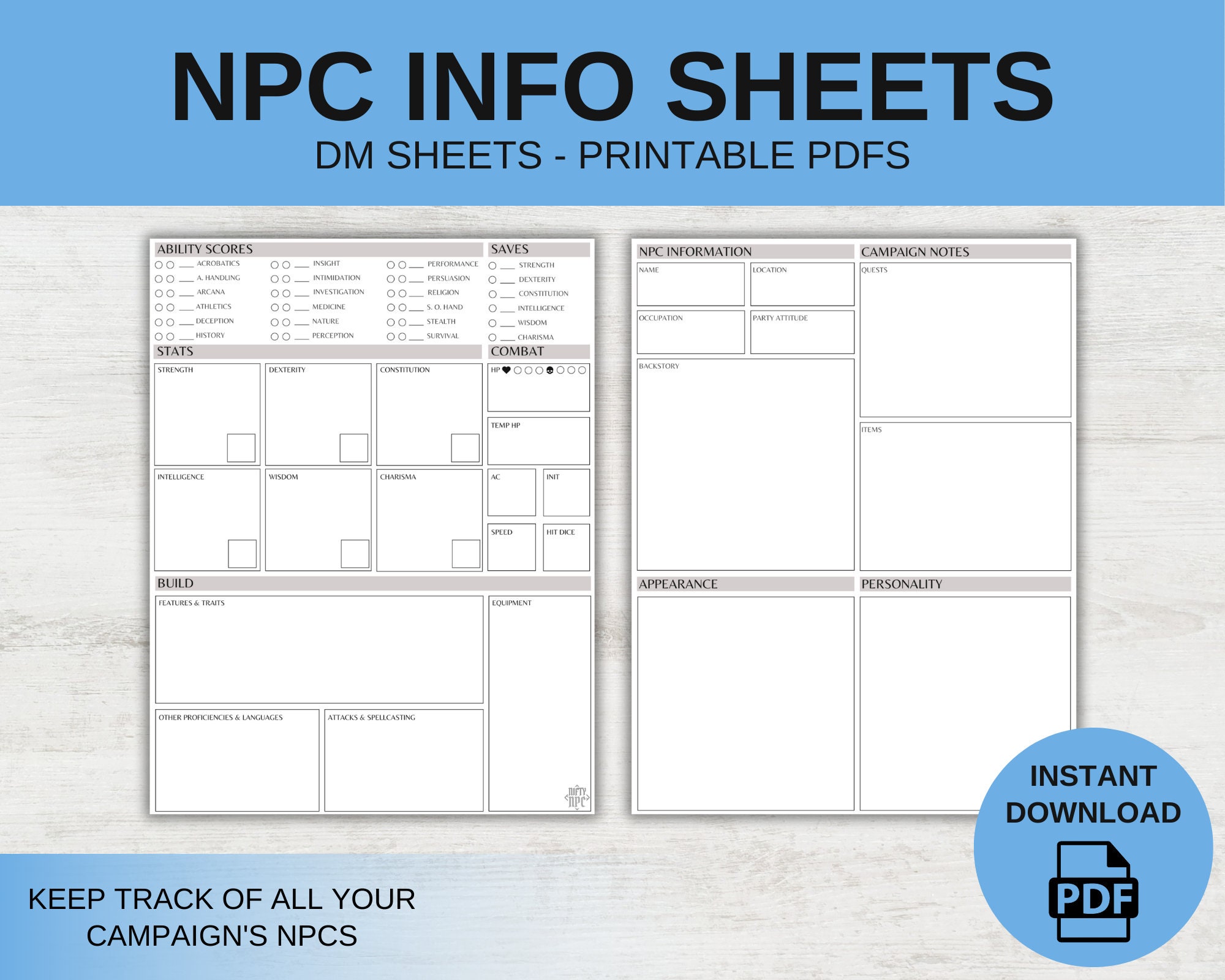 Minimalist - NPC Info DM Sheets - Dnd 5E - Printable PDF - Etsy