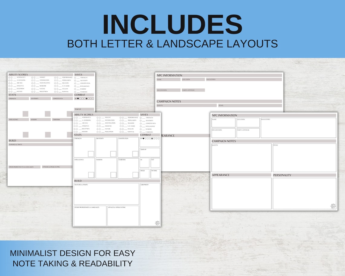 Minimalist - NPC Info DM Sheets - Dnd 5E - Printable PDF - Etsy