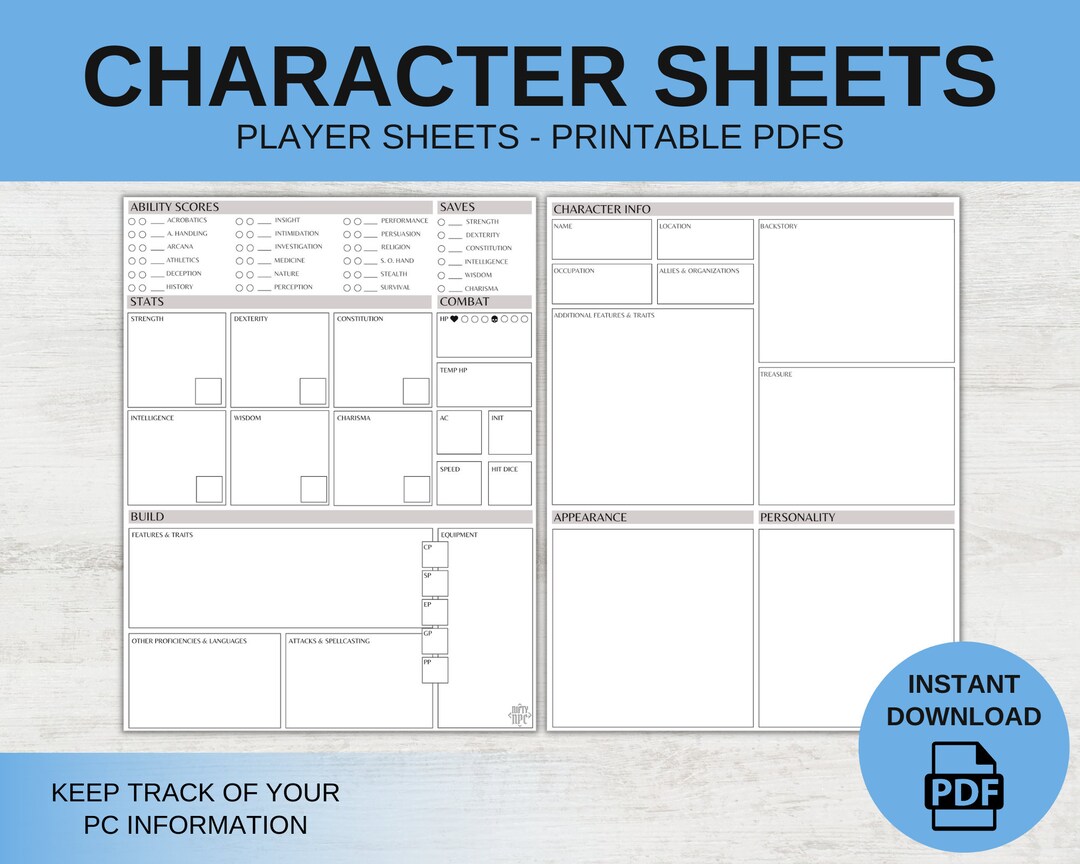 Minimalist - Character Info Player Sheets - Dnd 5E - Printable PDF - Etsy