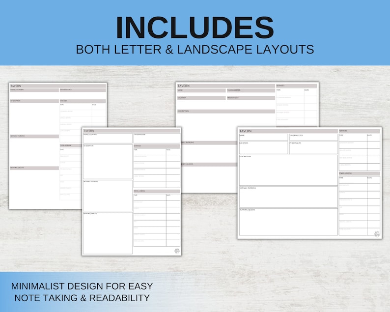 Minimalist - Tavern & Inn DM Sheets - Dnd 5E - Printable PDF - Etsy