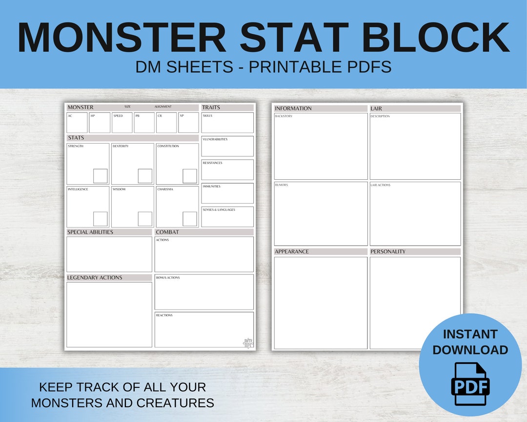 Minimalist - Monster Stat Block DM Sheets - Dnd 5E - Printable PDF - Etsy