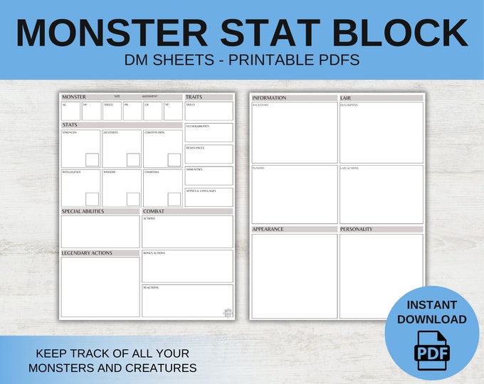 Minimalist - Monster Stat Block DM Sheets - Dnd 5E - Printable PDF - Etsy